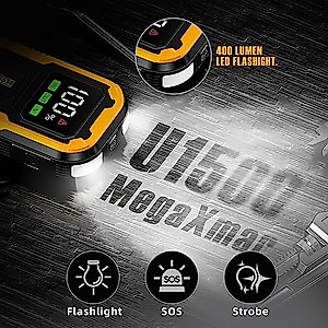 MegaXmar Car Battery Jump Starter -1500A Peak 12800mAh,Portable Car Jump Starter for Up to 7.5L Gas 6.0L Diesel Engine,12V Jump Starter Battery Pack with Smart Clamp Cables,LED Flashlight Jump Box