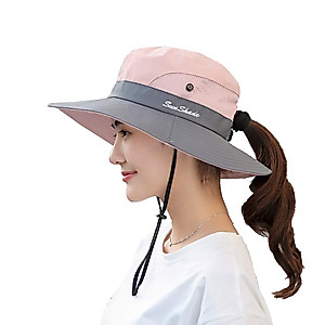 HSELL Womens UV Protection Wide Brim Sun Hats Cooling Mesh Ponytail Hole Cap Foldable Travel Outdoor Fishing Hat (Pink)