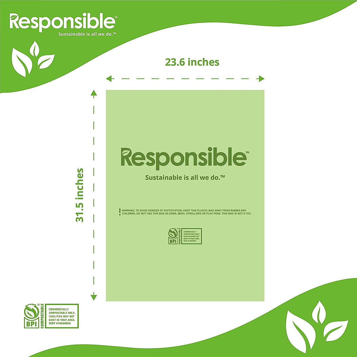 Compostable Tall Kitchen Trash Bags 13 Gallon - Heavy Duty Multipurpose Bin Liners for Food Scraps, Yard Waste & Compost (200 Count)