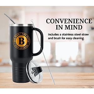 the Man the Myth the Legend, Monogrammed 40oz Tumbler with Handle for Men, Funny Personalized Travel Mug, Unique Birthday Christmas Gifts for Him, B
