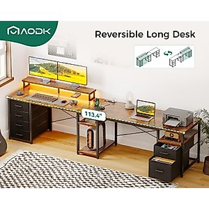 AODK 66" L Shaped Computer Desk, 113“ Reversible Home Office Desk with File Cabinet & 4 Fabric Drawers, Two Person Desk with LED Lights & Power Outlet, Corner Gaming Desk with Monitor Shelf, Vintage