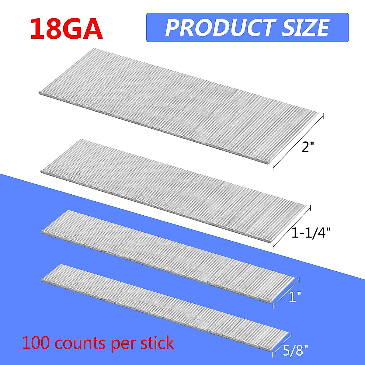 SimCos 18 Gauge Brad Nails (2",1-1/4",1",5/8 inch) 1600 pcs 18 GA Nail Gun Nails Assorted and Small Finishing Nails for Pneumatic, Electric Brad Nailer (Galvanized steel)