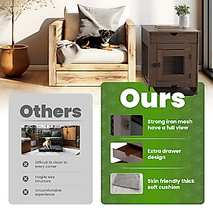 PURRPAXZ Dog Kennel Furniture, Wooden Dog Crate End Table Under 25 lbs, metal mesh Dog Crate Indoor Kennel for with Storage Drawer & Cushion & Tray for bedrooms(Brown)