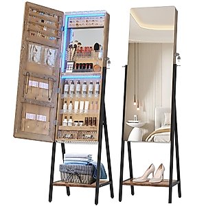 LVSOMT LED Standing Jewelry Mirror Cabinet, Stand Up Full Length Mirror with Storage, Lockable Floor Jewelry Armoire Organizer with 2 Drawers, Bottom Shelf, Built-in Lighted Makeup Mirror (Brown)