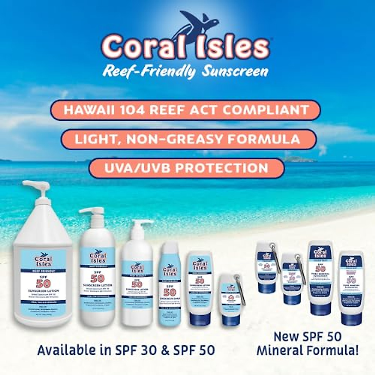 CORAL ISLES | Reef-Friendly | SPF 50 Sunscreen Lotion | Broad Spectrum Sunburn Protection | Hawaii Compliant as Reef Safe Sunscreen | No Oxybenzone or Octinoxate | 2 Fl Oz Each (2-pack)