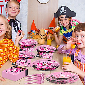 96Pcs Halloween Happy Boo Day Party Supplies Pink Ghost Pumpkin Paper Plates Napkins Ghost Theme Party Decoration Little Boo Ghost Dinnerware Party Favor Baby Shower Birthday Party Tableware Serves 24