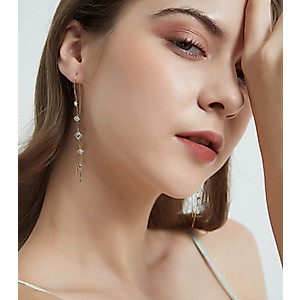 Threader Dangle Earring Long Chain Twist Curved Tassel Earring Star Butterfly Cubic Zirconia Gold Silver Drop Earring for Women Girl (Threader Earring-A)