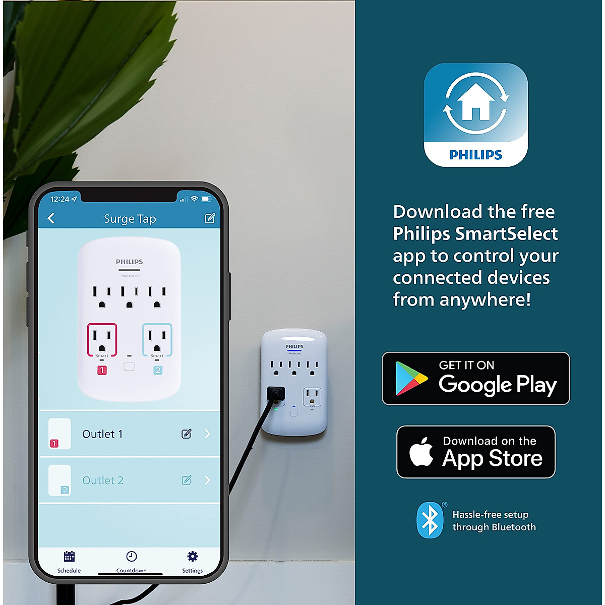 Philips 5-Outlet Extender Smart Surge Protector, Wall Tap, 2 Independent Wi-Fi Outlets, 3-Prong, 490 Joules, Voice Controlled Through Amazon Alexa and Google Assistant, ETL Listed, White, SPP3461WF/37