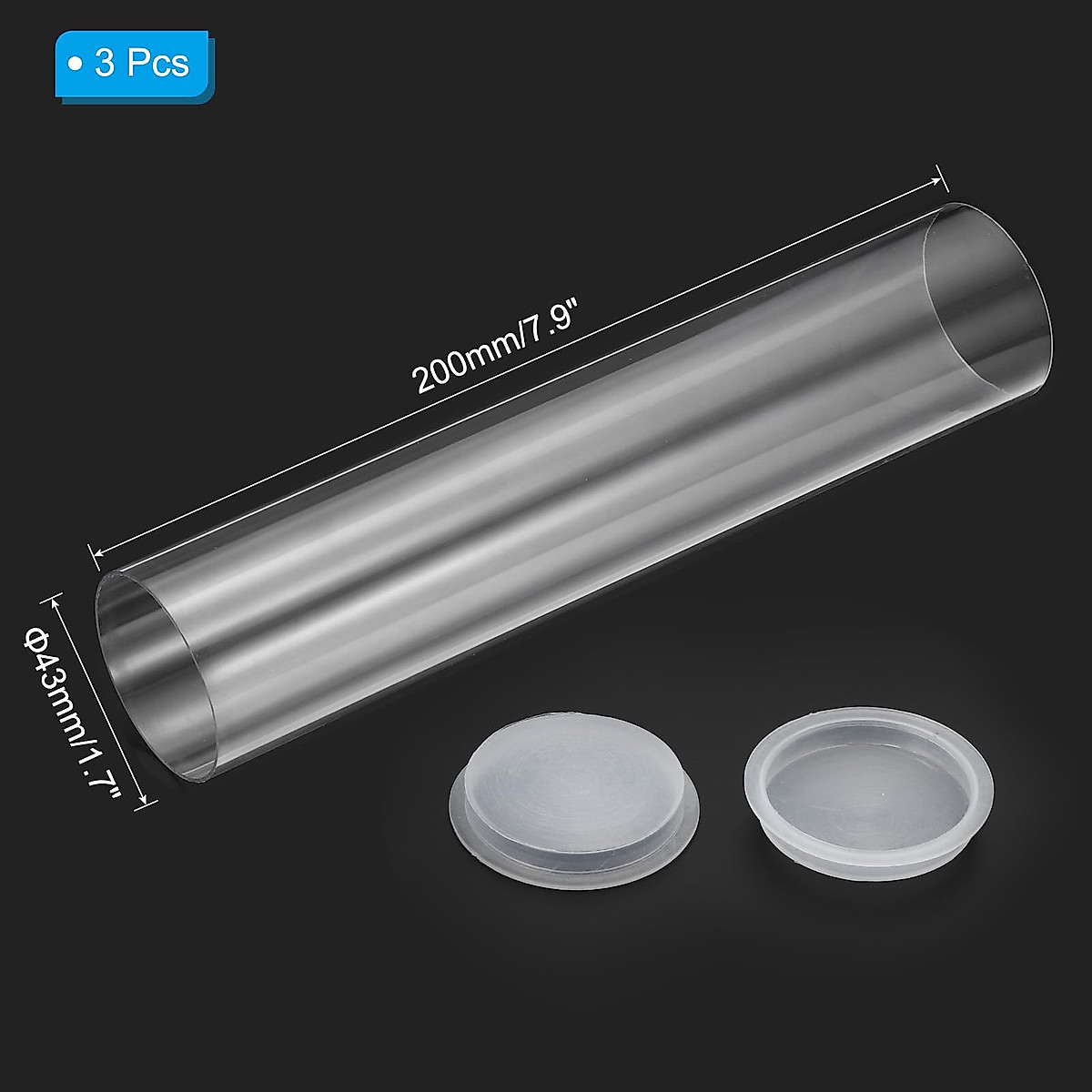 PATIKIL 7.9"L x 1.7"Dia Clear Storage Tubes, 3Pcs PC Plastic Transparent Hollow Round Rigid Tube with Cap for Beads Bath Salt Container Wedding Party Favors