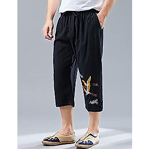 LZJN Men's Summer 3/4 Pants Cotton Linen Elastic Waistband Wide Leg Capri Shorts Bermuda Lounge Trousers with Embroidery (MF-138 Black, One Size)