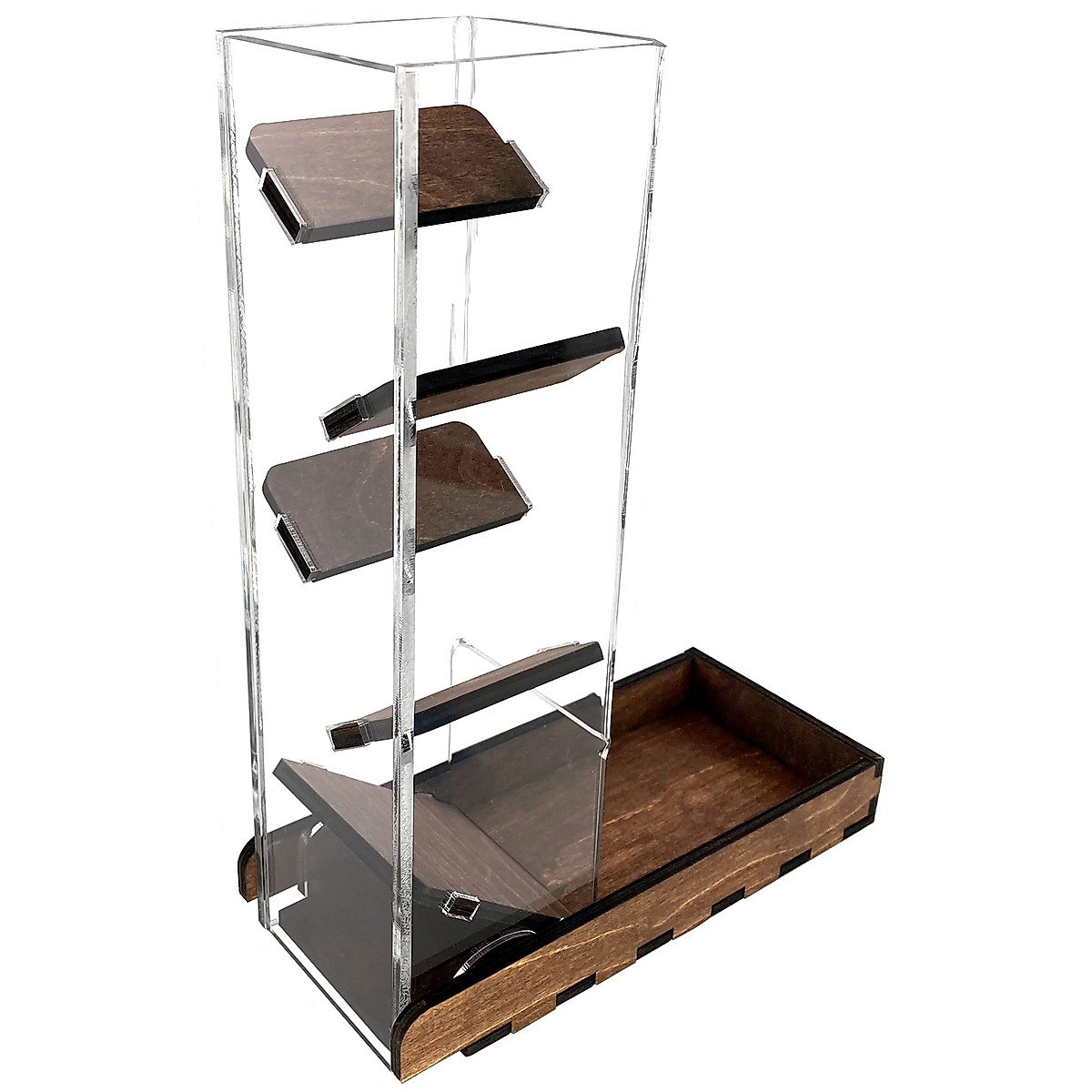 C4Labs Dice Tower & Tray | Clear with Wooden Paddles | Watch The Dice Decide (Walnut)