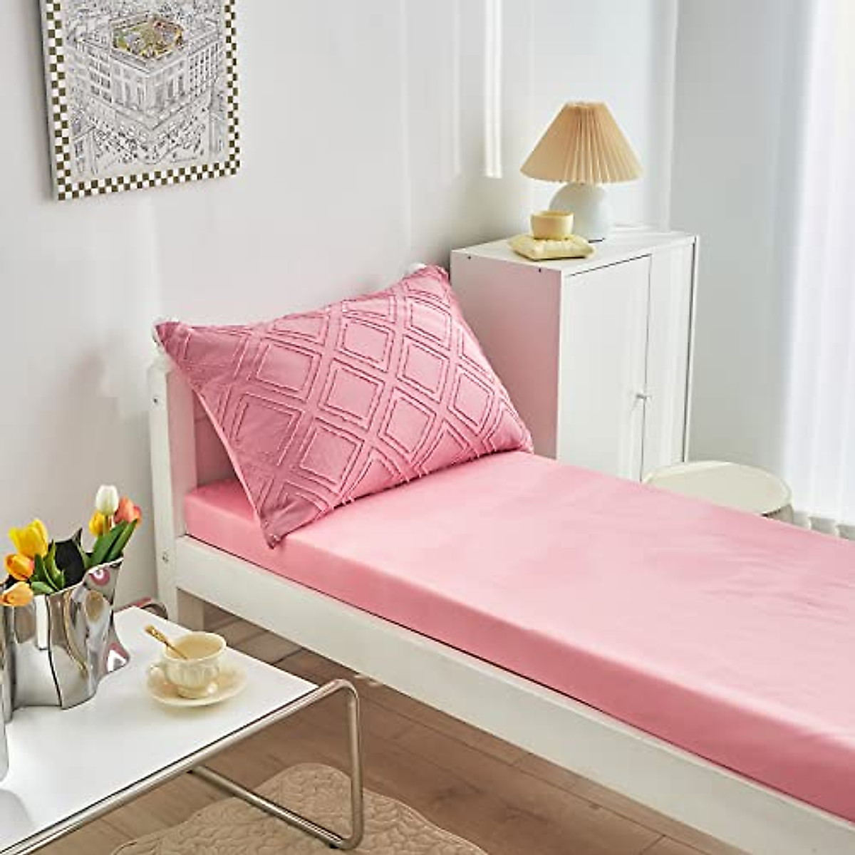 4 Pieces Tufted Toddler Bedding Set Solid Pink Jacquard Tufts, Soft and Embroidery Shabby Chic Boho Bohemian Design for Baby Girls, Includes Comforter, Flat Sheet, Fitted Sheet and Pillowcase