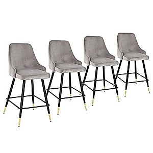Bar Stools Set of 4 - 25.5” Velvet Barstools Bar Chairs, Modern Counter Height Stools with Back and Footrest,Countertop Kitchen Island Stools Chair with Black Metal Base for Kitchen Counter Bar, Grey
