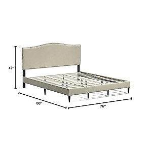 Glenwillow Home Kameli Upholstered Platform Bed Frame/Nailhead Trim Camelback/Mattress Foundation/No Box Spring Needed/Easy Assembly, Beige, California King