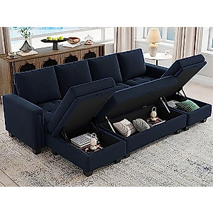 Belffin Velvet Convertible 4-Seat Sectional Sleeper Sofa with Reversible Chaise Sleeper Sectional Couch Bed with Storage Ottoman Sectional Sofa Couch Set Blue