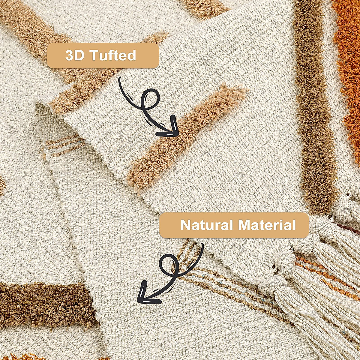 Uphome Small Bathroom Rug 2'x3' Hand-Woven Washable Front Entryway Rug with Tassels, Beige Soft Cotton Diamond Tufted Kitchen Mat Colorful Farmhouse Geometric Throw Rug for Bedroom Foyer Laundry