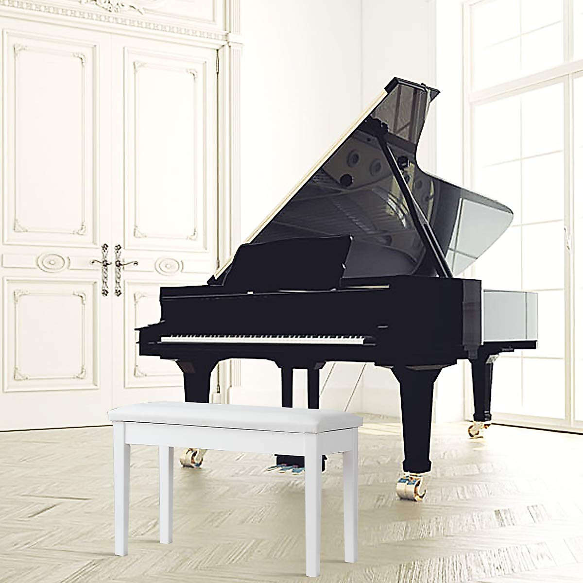 GOFLAME Duet Piano Bench, White, Padded Cushion, Solid Wood Construction, Hidden Music Storage, 29.5" x 14" x 19.5"