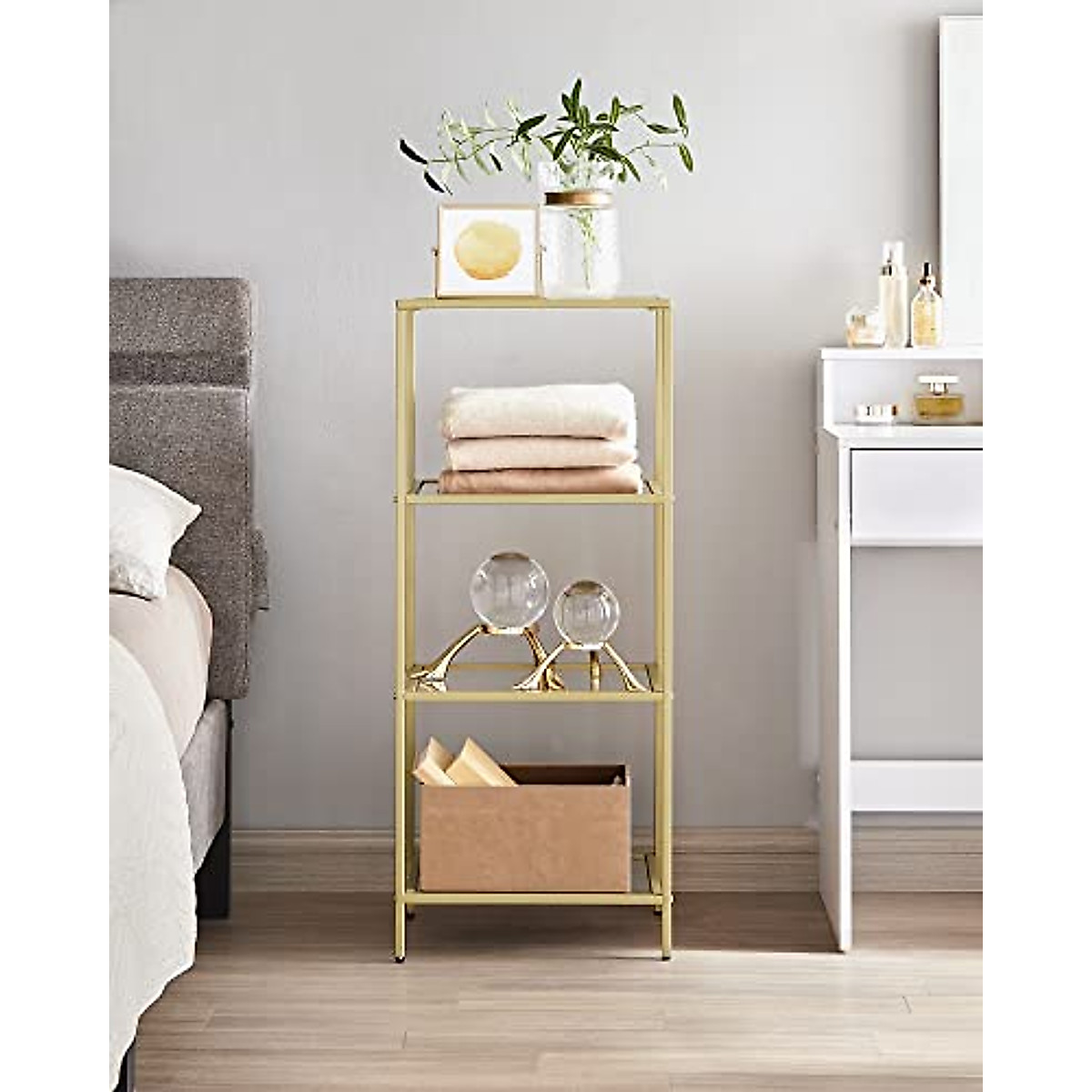 VASAGLE Bookcase, 4-Tier Bookshelf, Slim Shelving Unit for Bedroom, Bathroom, Home Office, Tempered Glass, Steel Frame, Gold Color ULGT28G