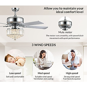 NOXARTE 52 inch Crystal Ceiling Fan with Lights, Modern Chrome Chandelier Ceiling Fan, Quiet Motor, 5 Reverse Wood Blades Crystal Fandelier Ceiling Fan Light Kit for Bedroom Living Dining Room