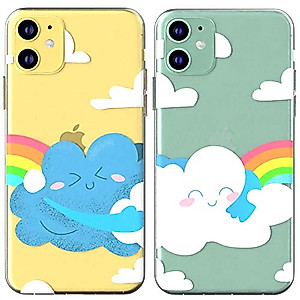 Toik Matching Couple Cases for Apple iPhone 11 Pro Xs Max Xr 10 X 8 Plus 7 6s 5s SE White Rainbow Protective Blue TPU BFFs Clear Anniversary Clouds Cute Design Hug Slim Girly Gift Relationship