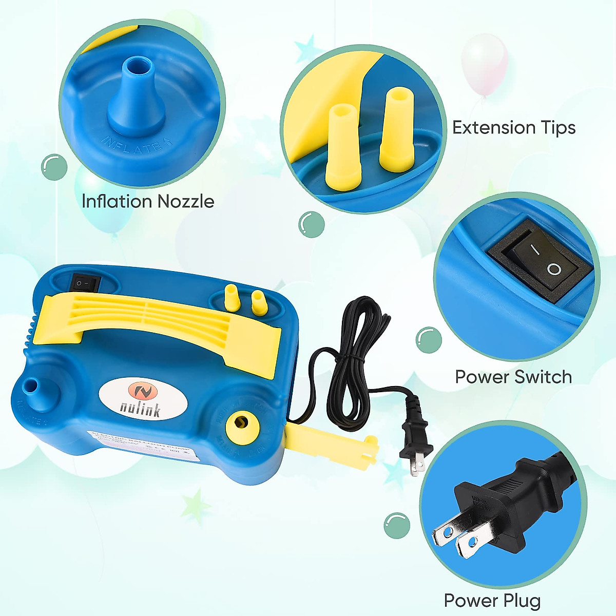 NuLink Electric Portable Dual Nozzle Balloon Blower Pump Inflation for Decoration, Party [110V~120V, 600W, Royal Blue]