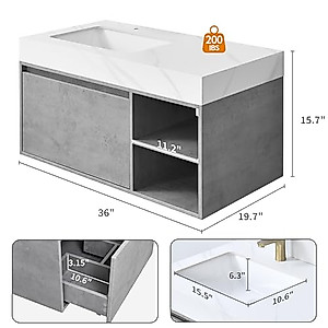 HERNEST 36 Inch Floating Bathroom Vanity Wall Mounted Bathroom Cabinet with Slate Tabletop, Ceramic Basin Sink and Storage Drawer Grey Small Floating Vanity Bathroom for Washroom