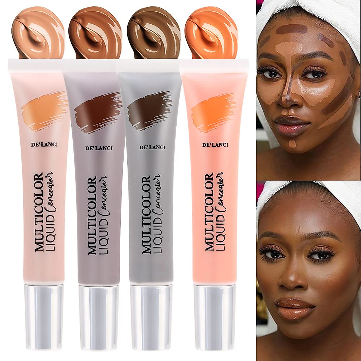 Liquid Concealer Makeup 4Pcs,Corrector Foundation for Black Women Oily Dry Skin, Foundation Concealer in One Primer Face Makeup Full Coverage, Advanced Pore Minimizer, Lightweight All-Day Hold,0.67 oz