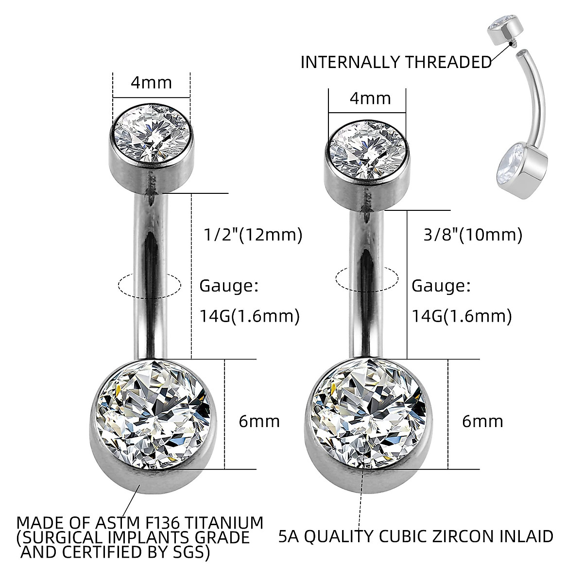 FINE4U Titanium Belly Button Rings 14G 10mm - ASTM F136 Implant Grade Real Titanium Belly Ring, Internally Threaded Hypoallergenic Navel Piercing Jewelry for Gift idea (Clear)