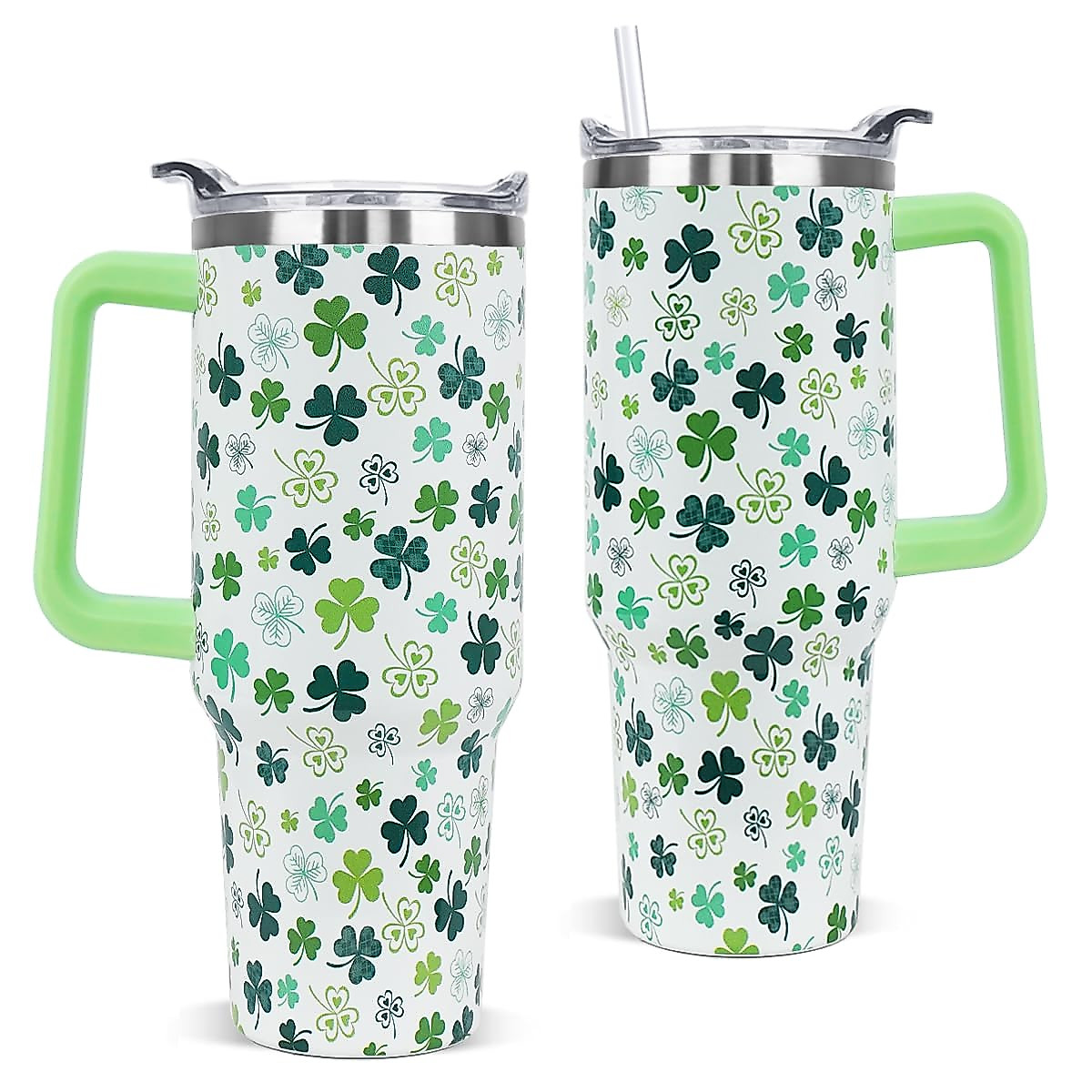 Nqhsionv St Patricks Day Tumbler with Handle 40 oz Green Lucky Shamrock Coffee Travel Mug Stainless Steel Insulated Cup Irish Saint Patricks Decor Gifts