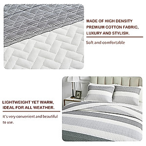 Joyreap 3-Piece Cotton Quilt Set King, Light Gray Penicl Line Stripes Printed on White, Smooth Soft Quilt Bedspread Bed Cover for All Season- 102x90 inches