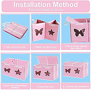 Toy Box for Girls-Large Toy Chest Organizers and Storage with Star Butterfly Transparent Windows,Double Flip-Top Lids,2 Sturdy lengthen Handles and 2 Mesh Bags for Kids,Boys,Nursery,Play Room(Pink)
