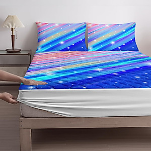 Blue Rainbow Glitter Twin Size Fitted Mattress Pad,Waterproof Fitted Sheet Set，Bedding Quilted Noiseless Mattress Protector Stretches up to 15 Inches Deep,Breathable Bed Mattress Cover 39x75 Inches