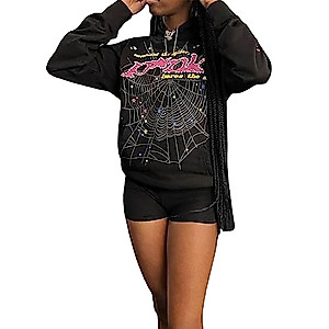 KOSUSANILL Full Zip Up Hoodies Spider 555 Gothic Graphic Print Designer Hoodie Y2K Rhinestone Oversized Sweatshirt Halloween outfit (Black Spider Net, M)