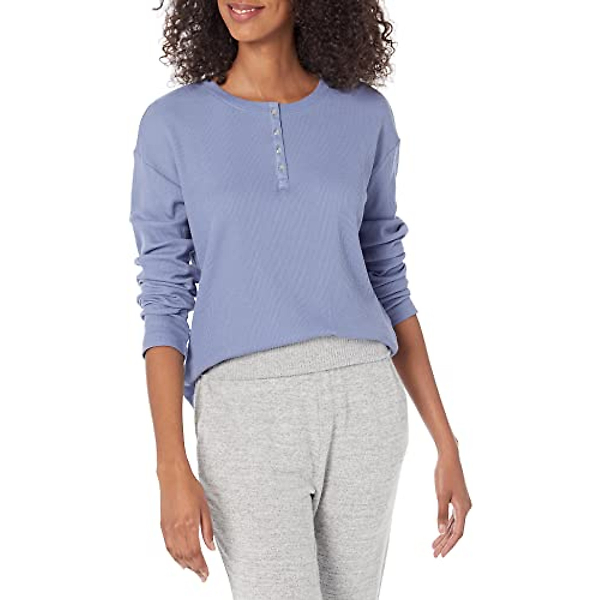 GAP Womens Long Sleeve Waffle Henley Shirt, Larkspur, Large US