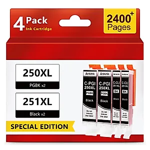 Ankink Compatible Canon PGI 250XL CLI 251XL Ink Cartridge use with PIXMA MX922 MX920 IP7220 MG5520 MG5420 IX6820 IP8720 MG7520 MG7120 MG6320 Printer 250 251 XL Black Combo Pack(2 PGBK,2 Black) pgi250