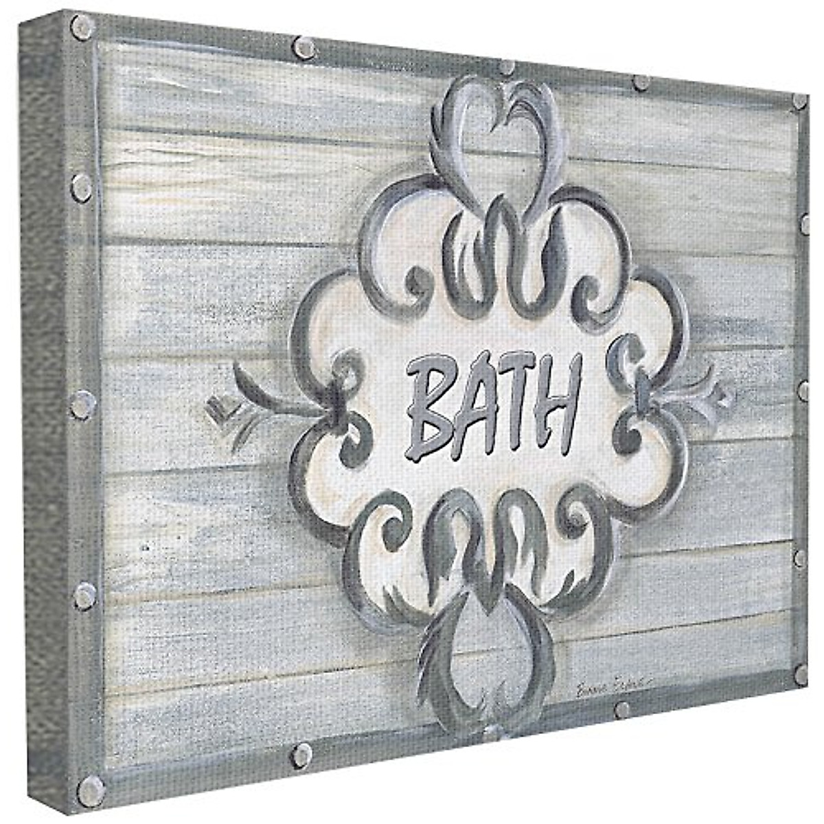Stupell Industries The Stupell Home Decor Collection Bath Grey Bead Board with Scroll Plaque Bathroom Canvas Wall Art, 16 x 20, Design by Artist Bonnie Wrublesky