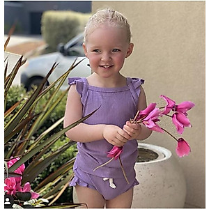 Toddler Baby Girl Summer Short Clothes Ribbed Ruffle Sleeve Tops+Elastic Drawstring Short Pants Two Piece Solid Outfit Set (A-Purple, 12-18 Months)