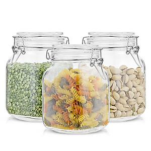 JoyJolt Airtight Glass Jars with Lids Set of 3. 32oz Glass Jar with Lid and 6 Silicone Seals! Med Glass Food Storage Containers. Square Mason Jar, Candy Jar, Sugar Jar, Pasta Containers for Pantry