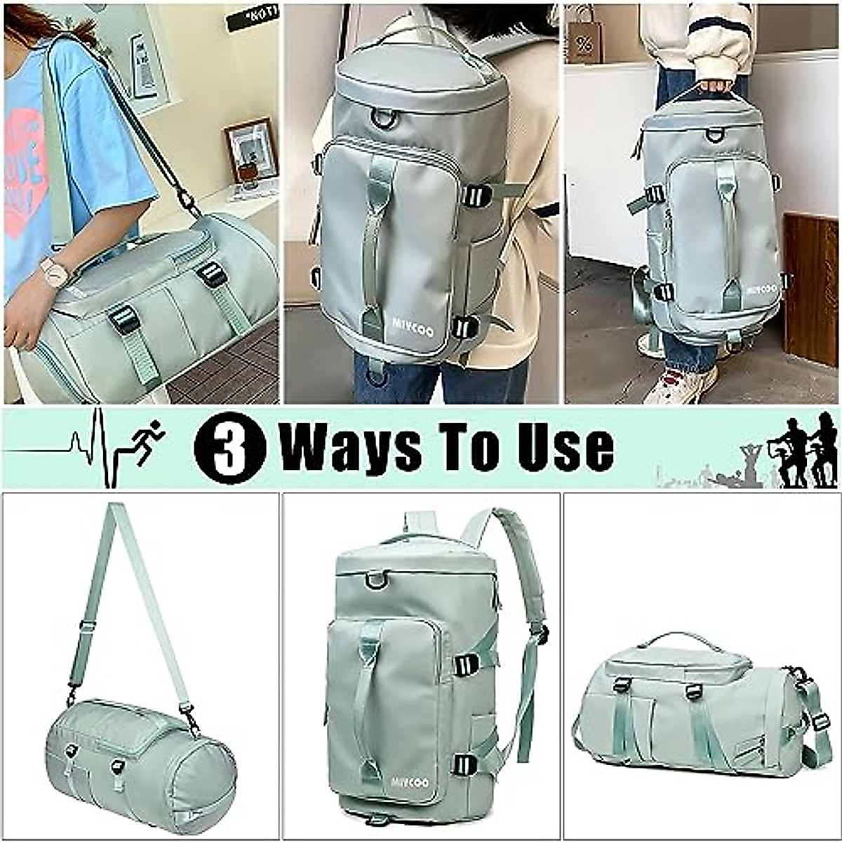 MIYCOO Gym Bag for Women and Men Sports Duffle Bag Travel Backpack Weekender Overnight Bag with Shoes Compartment Green