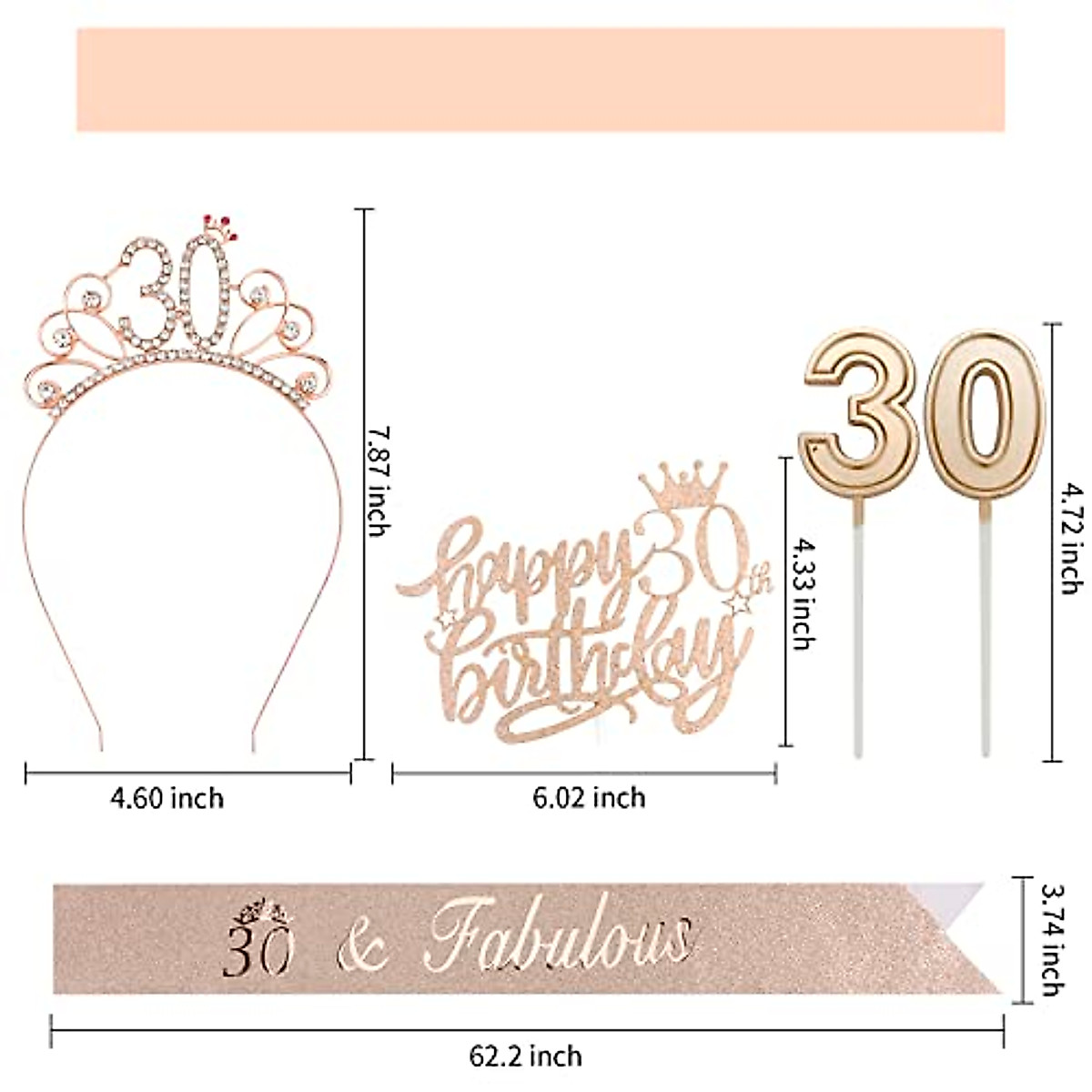 Hapdoo 30th Birthday Decorations women, Including 30th Birthday Rhinestone Headband Crown, 30&Fabulous Sash with Pearl Pin, Happy Birthday Cake Topper and Number Candles, 30th Birthday Gifts for women