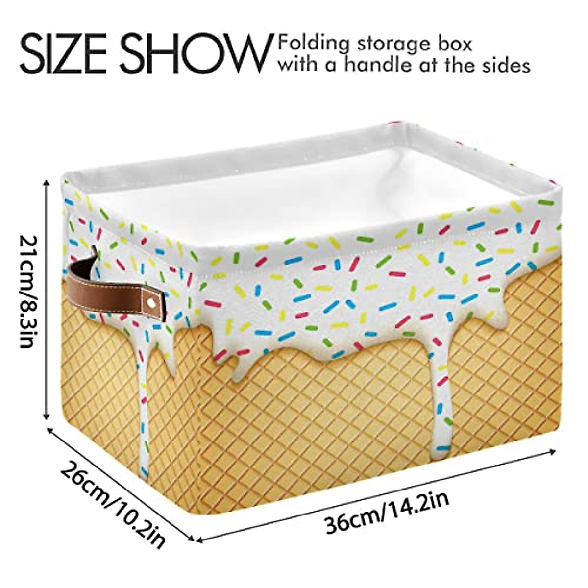 ZOEO Large Storage Basket, Vanilla Ice Cream Cone Waffles Foldable Storages Box Organizer Bins with Leather Handles for Shelves Closet Bedroom, Theme Party
