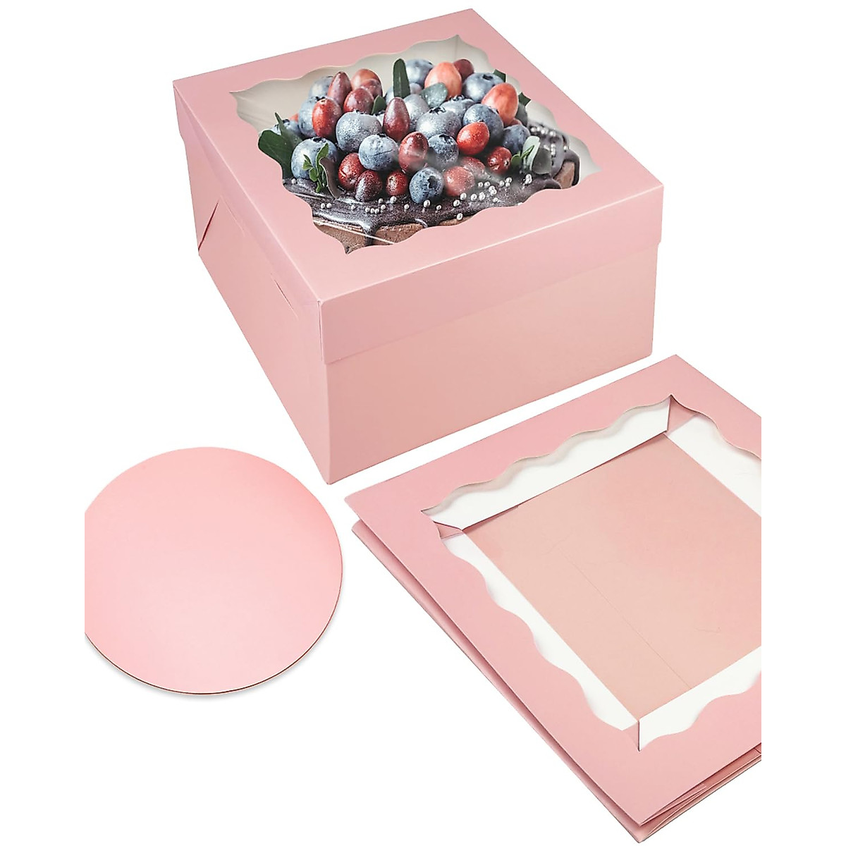 Bakepacker 36pcs 12x12x8 Inches Cake Boxes with Window 18-Packs Pink Cake Boxes 12 Inch Bakery Boxes (18 Cake Boxes +18 Cake Boards Included)