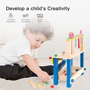 ROBUD Kids Tool Bench Small Wooden Kids Workbench Toy Tool Bench Pretend Play Construction Toy Building Tools Set for Toddlers