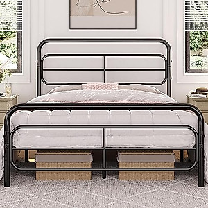 Topeakmart Full Bed Frames Metal Platform Bed with Modern Geometric Patterned Headboard, Easy Assemble, 13 Inch Underbed Storage, No Box Spring Needed, Black