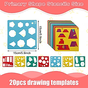 20pcs Drawing Stencils for Kids, Geometric Shapes Stencils 5 Colors Simple Stencils for Painting Cute Patterns Design Drawing Template Set for Kids DIY Craft