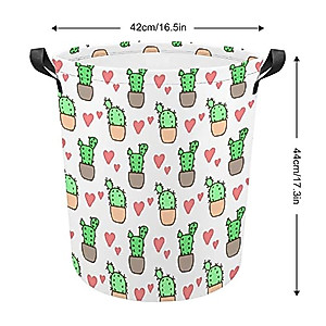 Cartoon Love Cactus Pattern Large Laundry Basket Hamper Bag Washing with Handles for College Dorm Portable