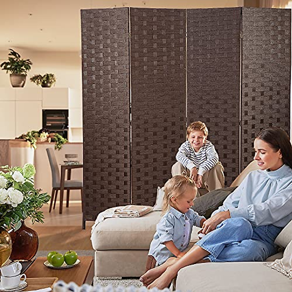 Room Divider, 6FT Wall Divider Wood Screen 4 Panels Wood Mesh Hand-Woven Design Room Screen Divider Indoor Folding Portable Partition Screen,Brown