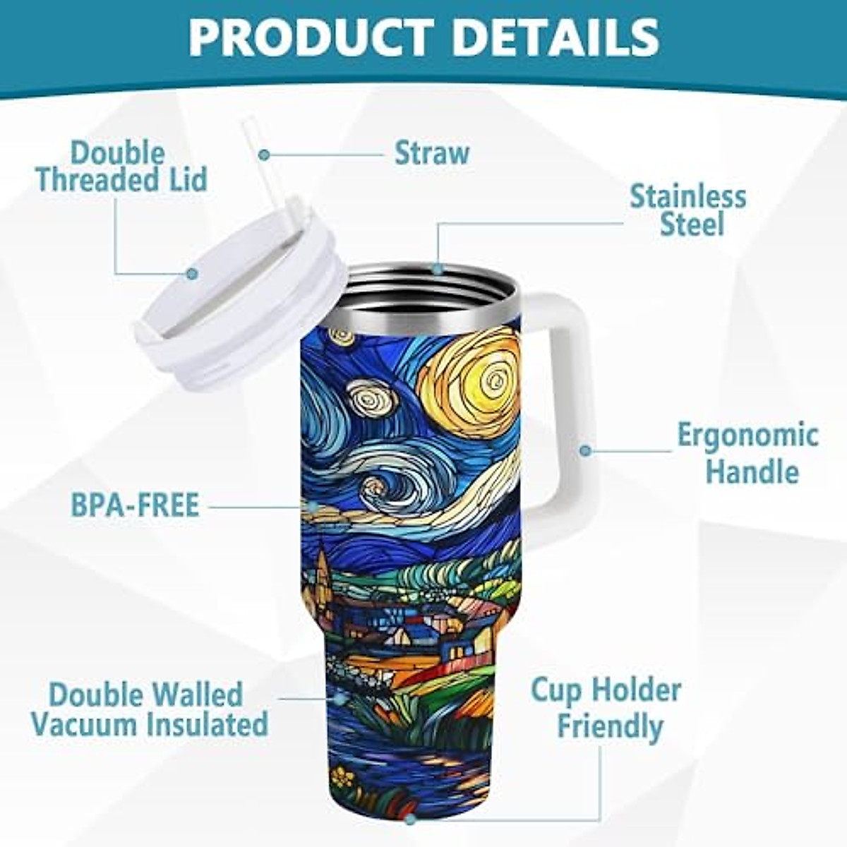 RPLIFE Village River Mountain Starry Sight Style Stainless Steel Tumbler, Insulated Cup with Straw, Coffee Tumbler for Women