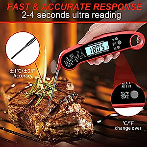 Digital Meat Thermometer with Probe, Instant Read Food Thermometer for Grilling BBQ, Kitchen Cooking, Baking, Liquids, Candy & Air Fryer - IP67 Waterproof, Backlight & Calibration - Red/Black