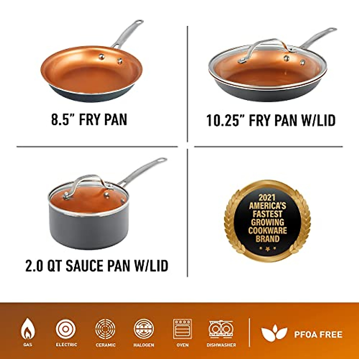 GOTHAM STEEL 5 Piece Kitchen Essentials Cookware Set with Ultra Nonstick Copper Surface Dishwasher Safe, Cool Touch Handles- Includes Fry Pans, Stock Pot, and Glass Lids, Original